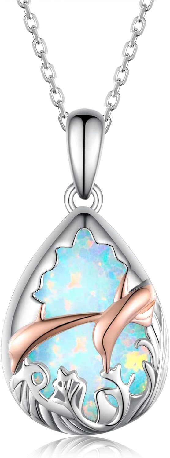 SVODEA 女士可爱海豚吊坠项链,925 纯银水滴蛋白石/方晶锆石海洋动物项链,周年纪念生日首饰礼物送给女孩妈妈妻子,45.72-50.8cm, 标准纯银, 不知道 : 亚马逊中国: 珠宝首饰