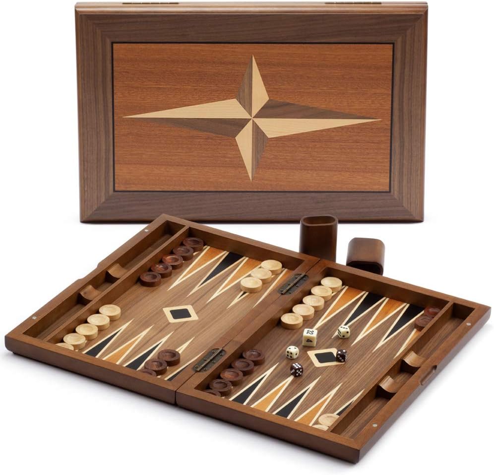 GSE Games & Sports 专家木制折叠镶嵌双陆棋棋盘游戏套装。经典便携式旅行策略棋盘游戏套装,适合成人和儿童 (BG-4001S ...