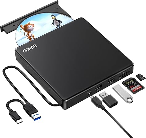 BUNUD 外置 CD DVD 驱动器 USB 3.0 Type-C 带 2 个 USB & SD / TF,CD DVD 驱动器,外部适用于 PC 笔记本电脑 Windows 11/10 ...