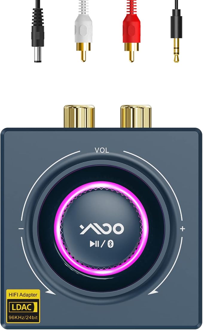 YMOO B06T3+ LDAC 蓝牙接收器 5.2,RCA AUX 插孔高分辨率,30毫秒低延迟,990kbps 速度,24位/96Khz,无线无损音频适配器,适用于智能手机的 Aux 扬声 ...