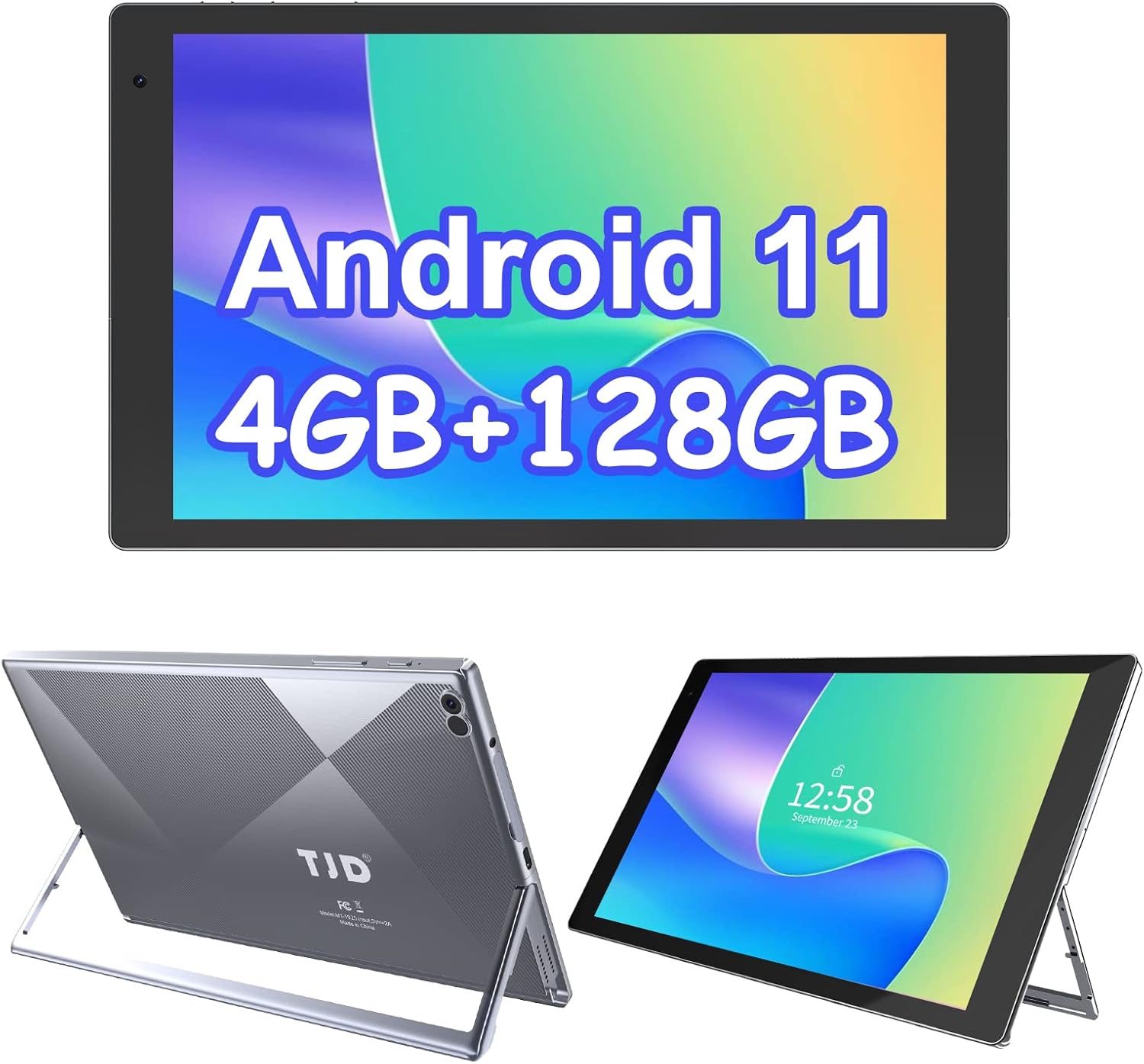 TJD-TJD Android 11 平板电脑 10.1 英寸带支架,4GB RAM 128GB ROM 512GB 可扩展,四核处理器,谷歌 GMS 平板电脑,6000mAh 快速充电 ...