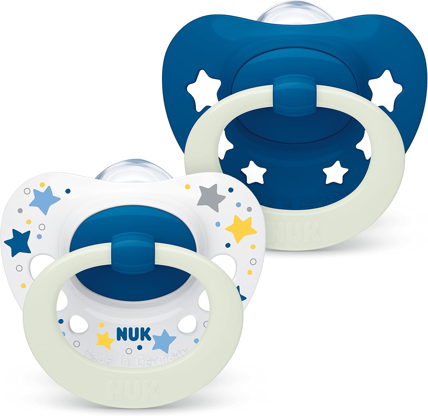 【NUK 10175325】 NUK Signature夜间婴儿奶嘴 | 0-6 个月 |安抚 95% 的婴儿 |心形不含 BPA 硅胶安抚奶嘴 |夜光 |包括盒子|蓝色星星 | 2 计数 ...