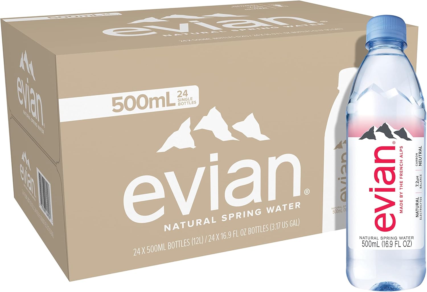 evian Natural Spring Water One Case of 24 Individual 500 ml (16.9 Fl. Oz.) Bottles, Naturally ...