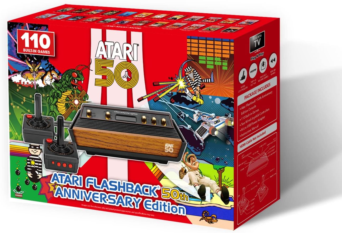 AtGames Atari Flashback 游戏机 50 周年纪念版，复古游戏机，内置 110 款经典游戏，两个操纵杆控制器，HDMI ...