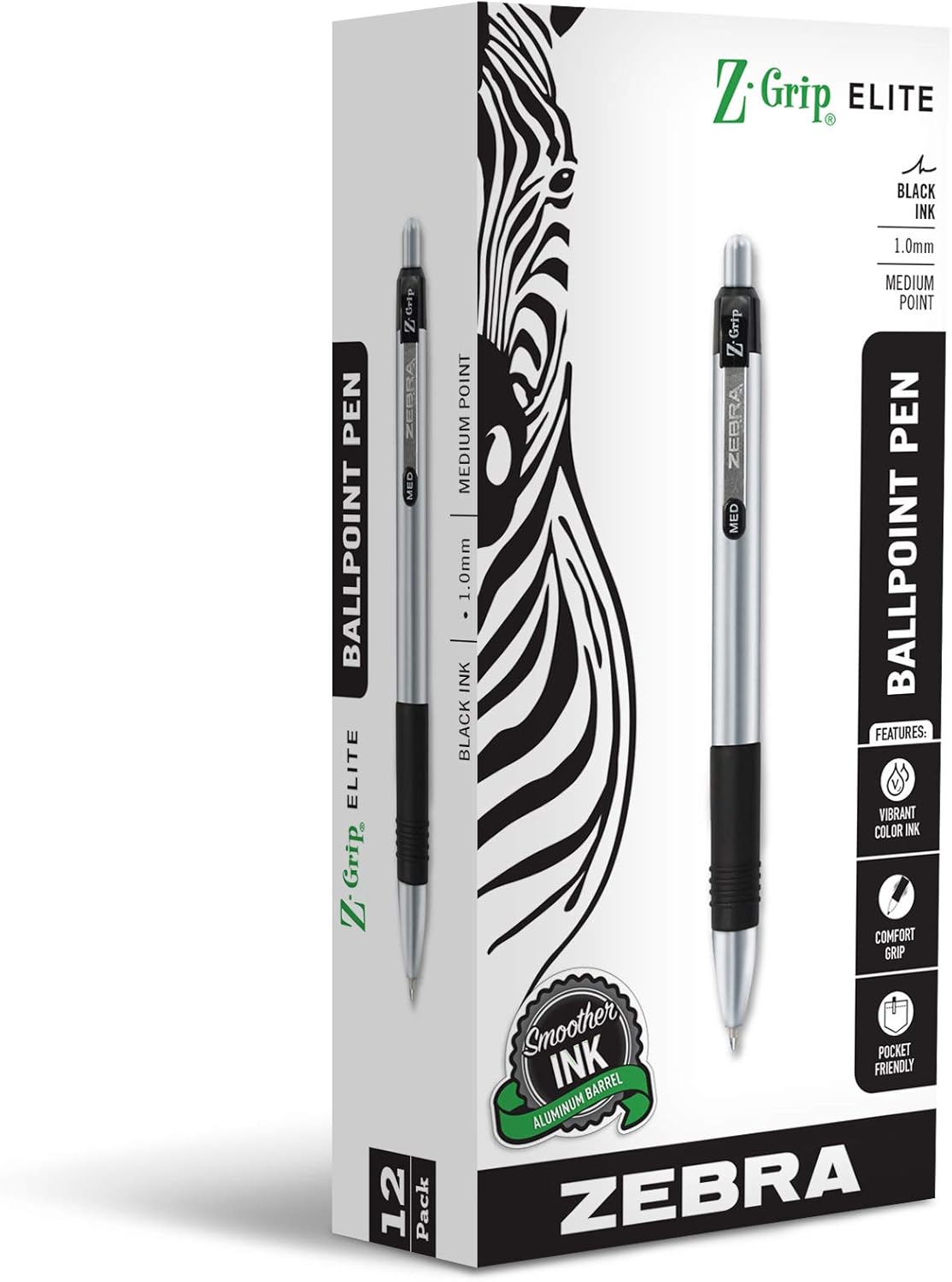 Zebra Pen Z-Grip Elite 可伸缩圆珠笔,金属笔杆,中等笔尖,1.0 毫米,黑色墨水,12 支装(27010) - (96 ...
