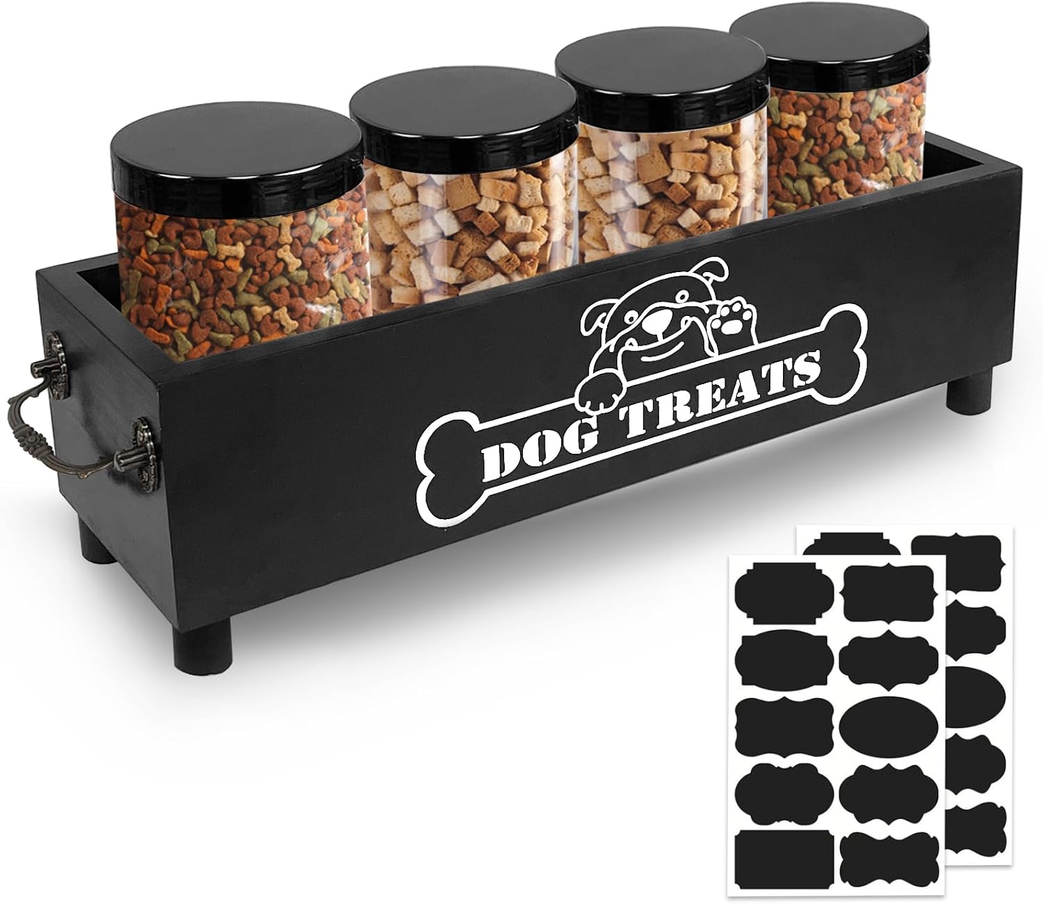Hlimior 大型狗零食容器,狗饼干罐 猫零食容器,农舍木制宠物零食储存收纳盒,带4个罐子,猫狗零食收纳盒 : 亚马逊中国: 家居、厨具、家装