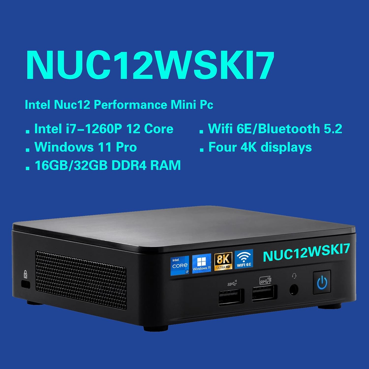 Reatan-Intel 英特尔 NUC NUC12WSKI7 迷你电脑、家庭影院 PC、准系统、英特尔酷睿 i7-1260P 12 核、16 线程、高达 4.7 GHz 的涡轮增压器、28W ...