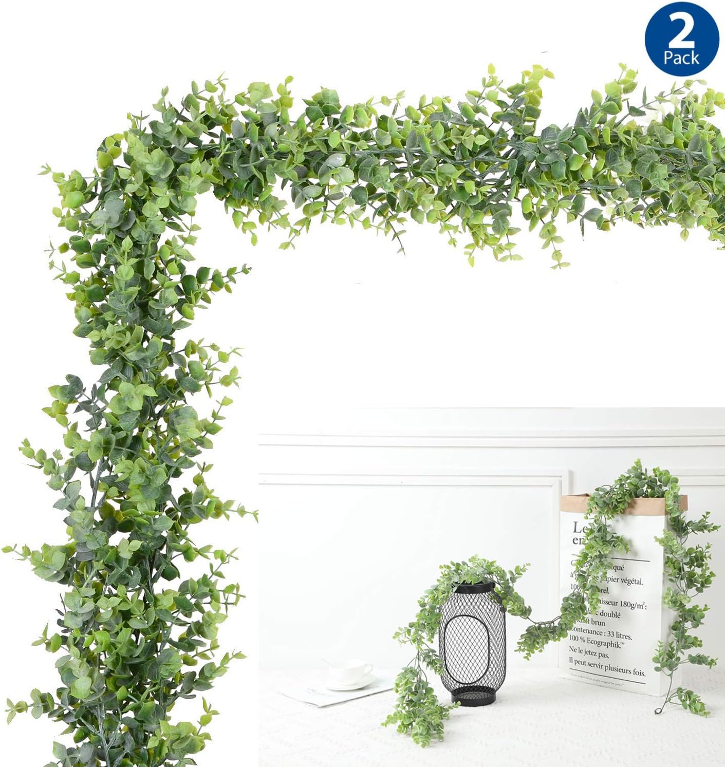 PyroLuna 人造植物蜡，2 个装人造桉树叶*花环，假悬挂植物用于婚礼背景拱形墙饰，桌子节日派对装饰 Gray Green-2pack ...