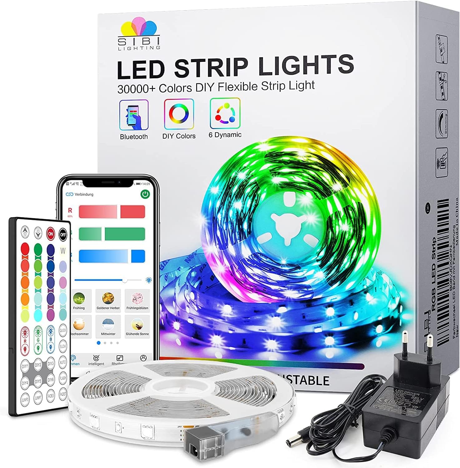 SIBI RGB LED 灯带 10 米,LED 灯条带遥控器和应用程序音乐同步,可调光变色自粘 LED 灯带适用于房间,厨房,派对装饰 : 亚马逊中国: DIY 和工具