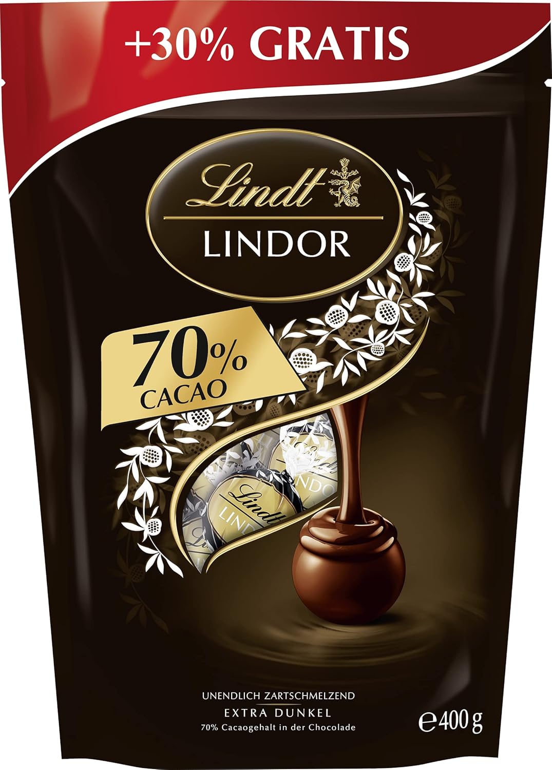 Lindt Chocolate LINDOR XL Bag 70% Cocoa Extra Dark | 400 克袋装 | 大约 30 勺带 ...
