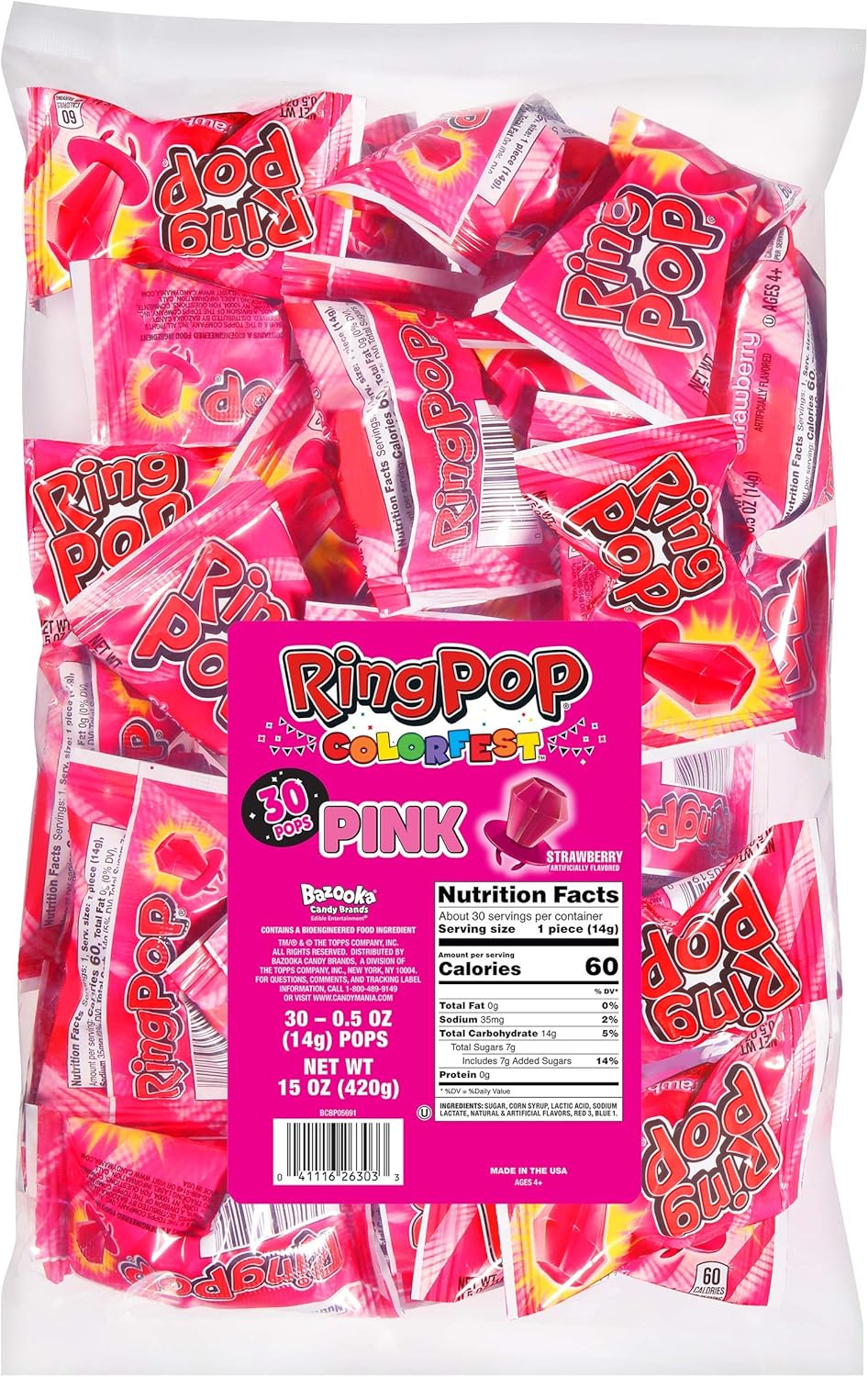 Ring Pop Pink Strawberry Party Bulk Bag, Individually Wrapped, Pink ...
