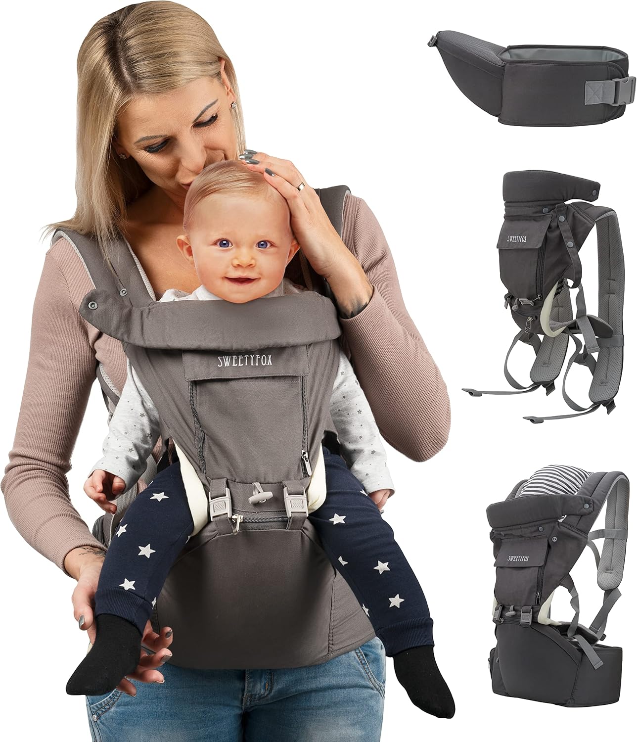【Sweety Fox BACA-001-Gr】 Sweety Fox – 多位置婴儿背带带臀部座椅 – 适合 3 个月至 3 岁的婴儿和儿童 ...